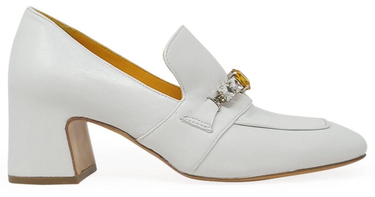 Madison Maison Leather Mid Heel Jeweled Loafer in White | Lyst
