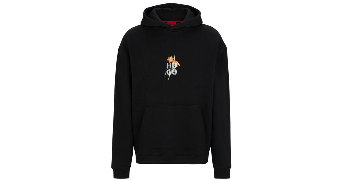 HUGO Oversize-Fit Hoodie With Floral Artwork in Black for Men | Lyst