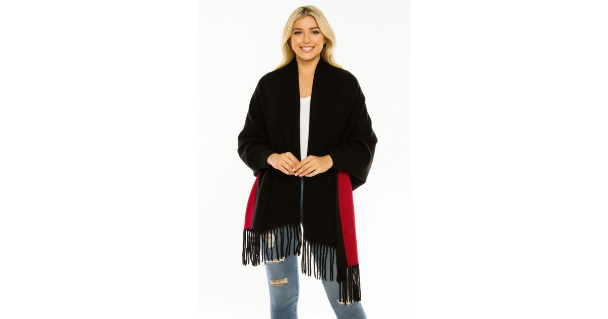 TRUEDAMES Colorblock Fringe-Trimmed Open Wrap in Black | Lyst