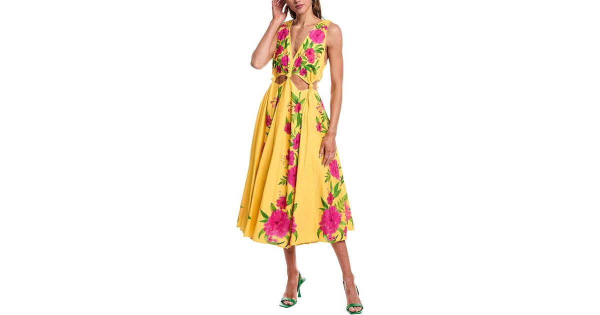 FARM Rio Knotted Cutout Waist Linen-Blend Midi Dress in Yellow | Lyst