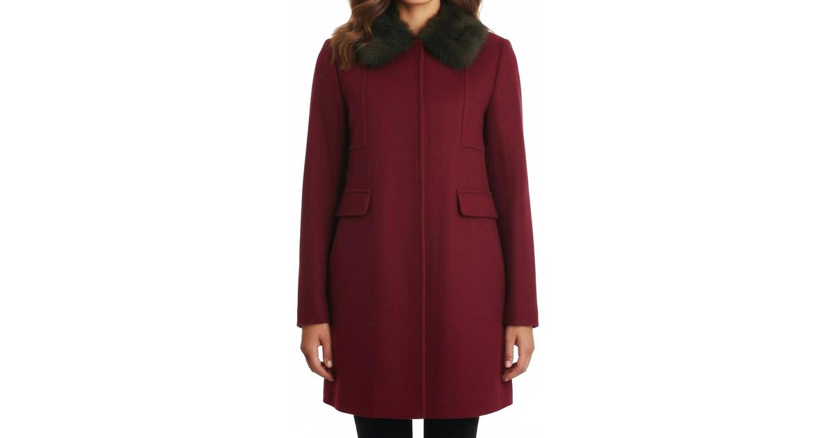 Eliza J Faux Fur Trim Wool Blend Coat in Red | Lyst