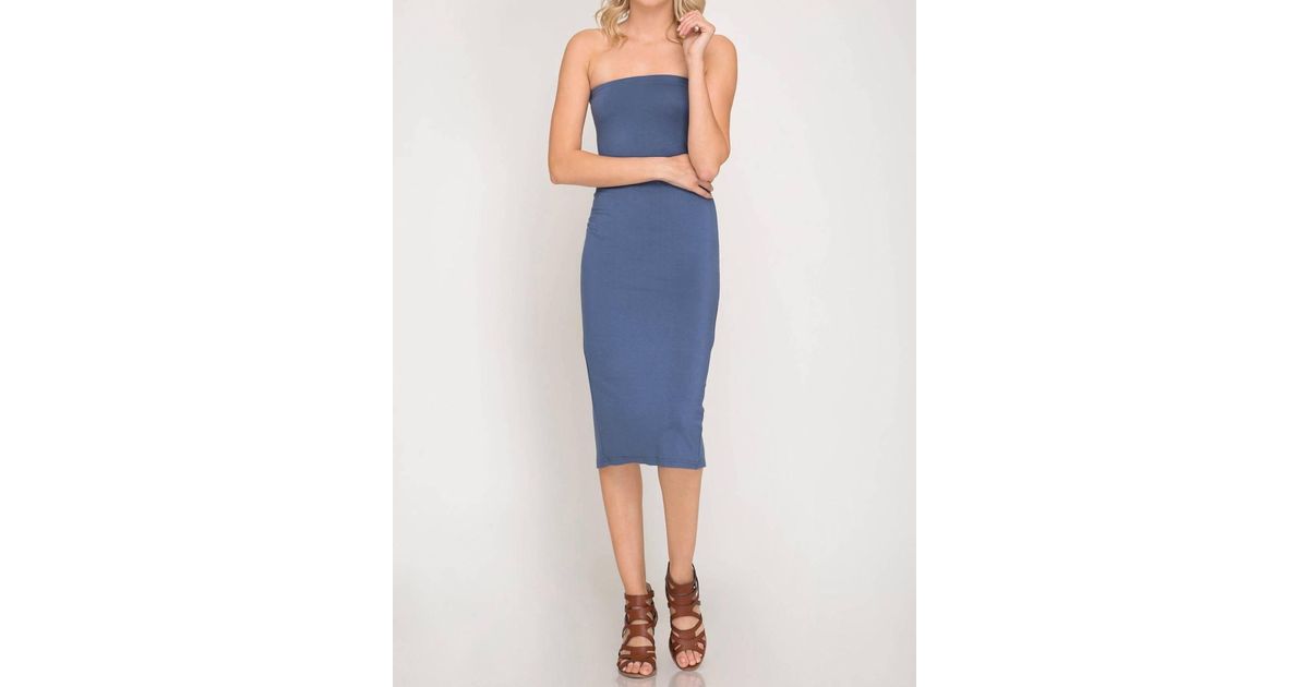 She + Sky Strapless Basic Tube Midi Dress With Back Slit in Blue | Lyst