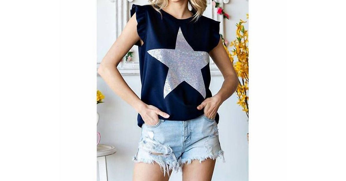 7Th Ray Ruffle Sleeve Top With Sequin Star in Blue | Lyst