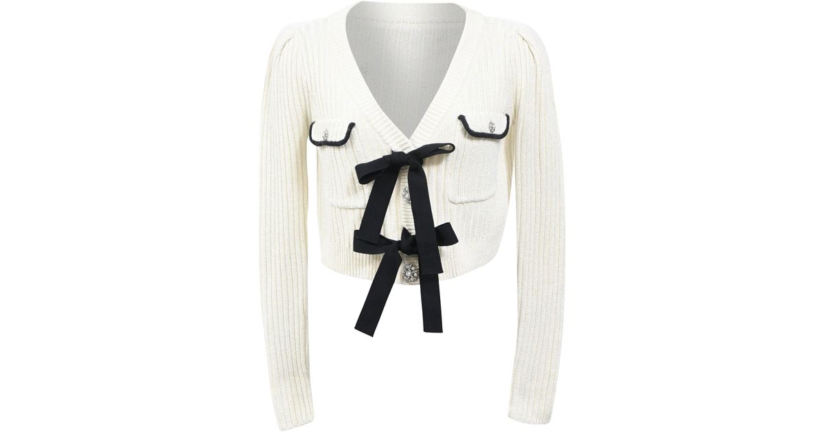 Self-Portrait Bow-Embellished Cardigan in White | Lyst
