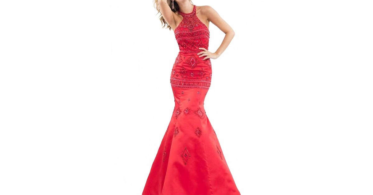 Rachel Allan Matte Satin Halter Beaded Mermaid Prom Gown in Red | Lyst