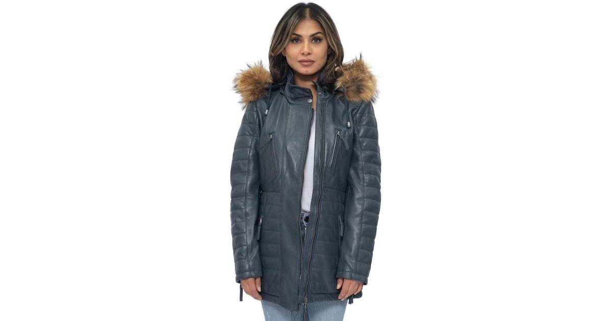 Infinity Leather Quilted Leather Parka Jacket-Curitiba in Blue | Lyst