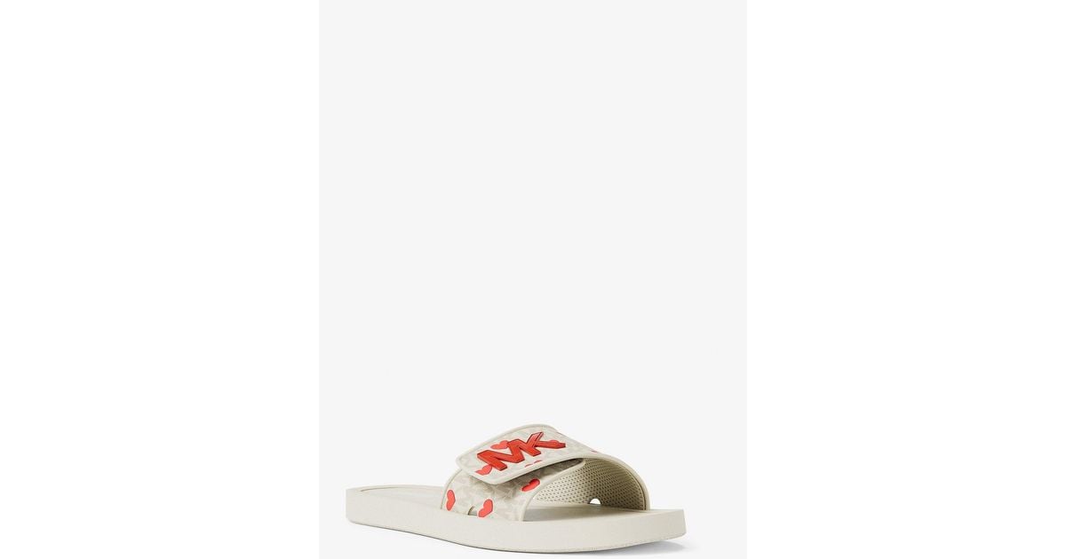 Michael Kors Outlet Palmer Printed Signature Logo Slide Sandal in White ...