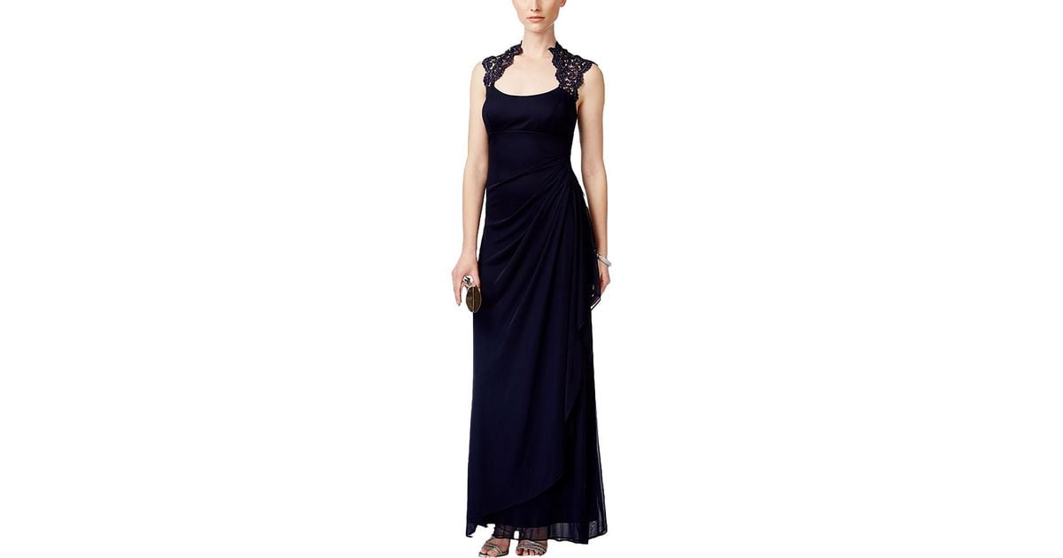 X by Xscape Petites Lace Trim Glitter Evening Dress in Blue | Lyst