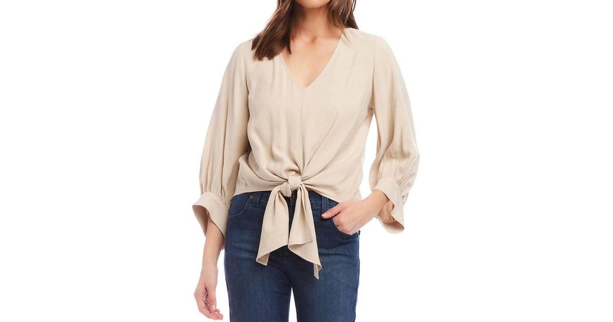 Karen Kane Blouson Sleeve Tie-Front Top in Natural | Lyst