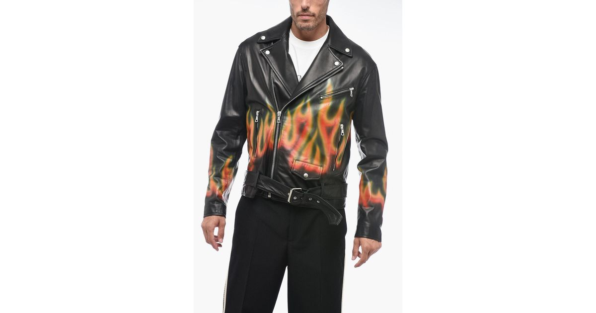 Palm Angels Leather Burning Biker Jacket With Flames Motif in Black for ...