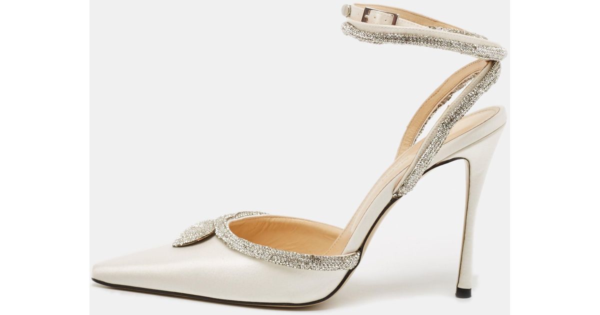 Mach & Mach Cream Satin Crystal Embellished Heart Pumps in Natural | Lyst