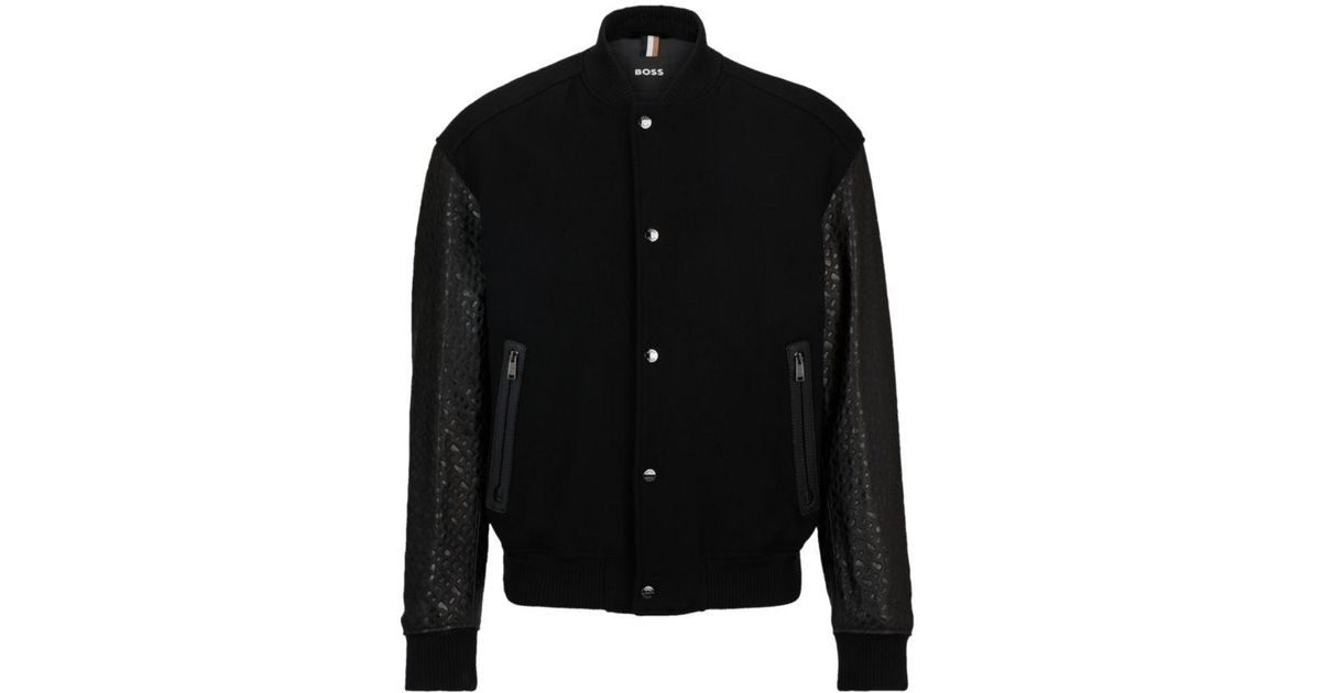 BOSS Varsity-Style Jacket With Monogram-Emed Leather Sleeves in Black ...