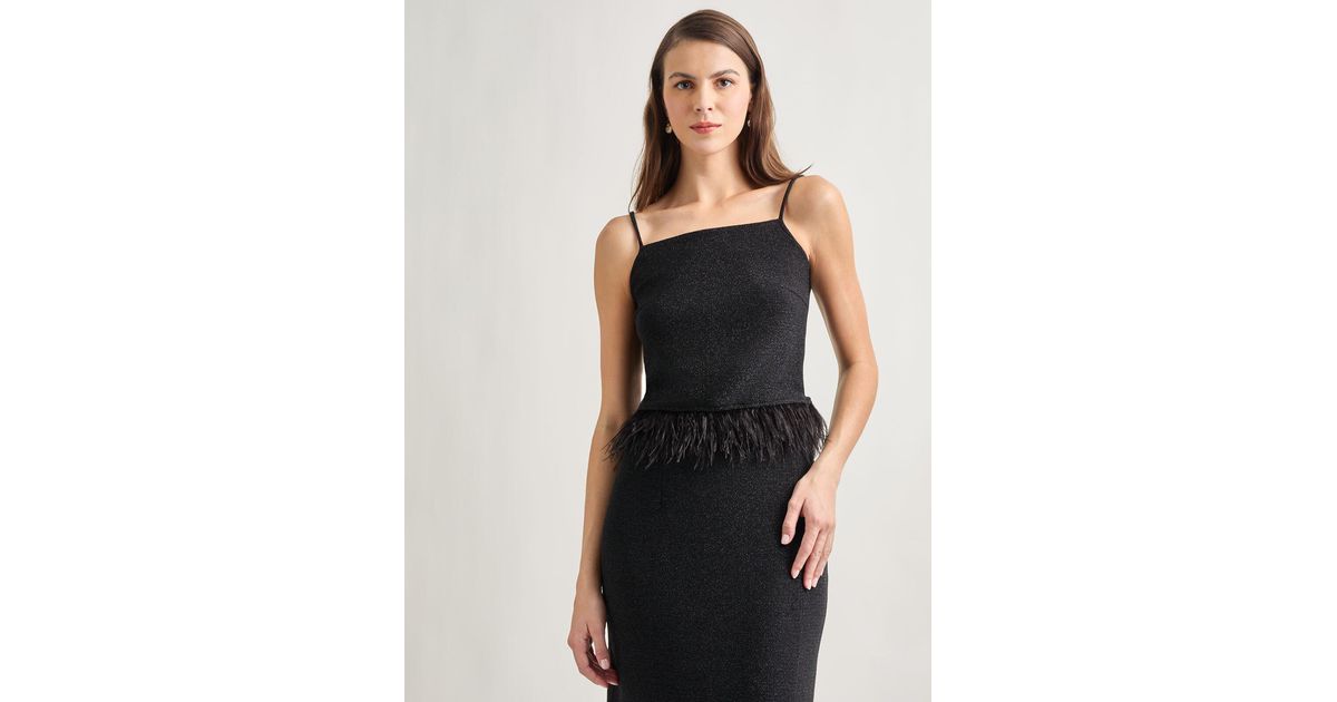 Misook Modern Fit Ostrich Feather Trim Stretch Woven Tank in Black | Lyst