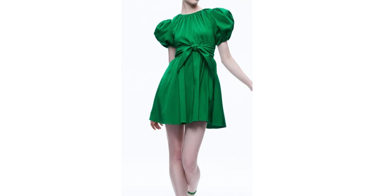 Alice + Olivia Kylan Puff Sleeve Mini Dress in Green | Lyst