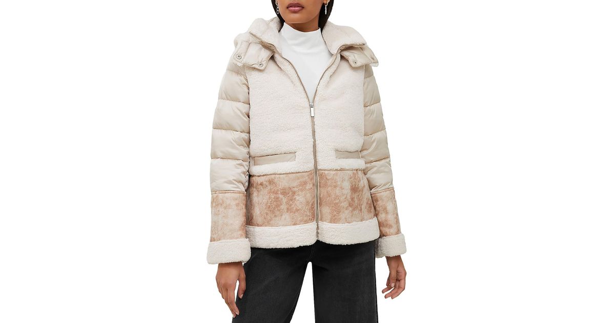 French Connection Faux Suede Trim Heavy Faux Fur Coat in Natural | Lyst