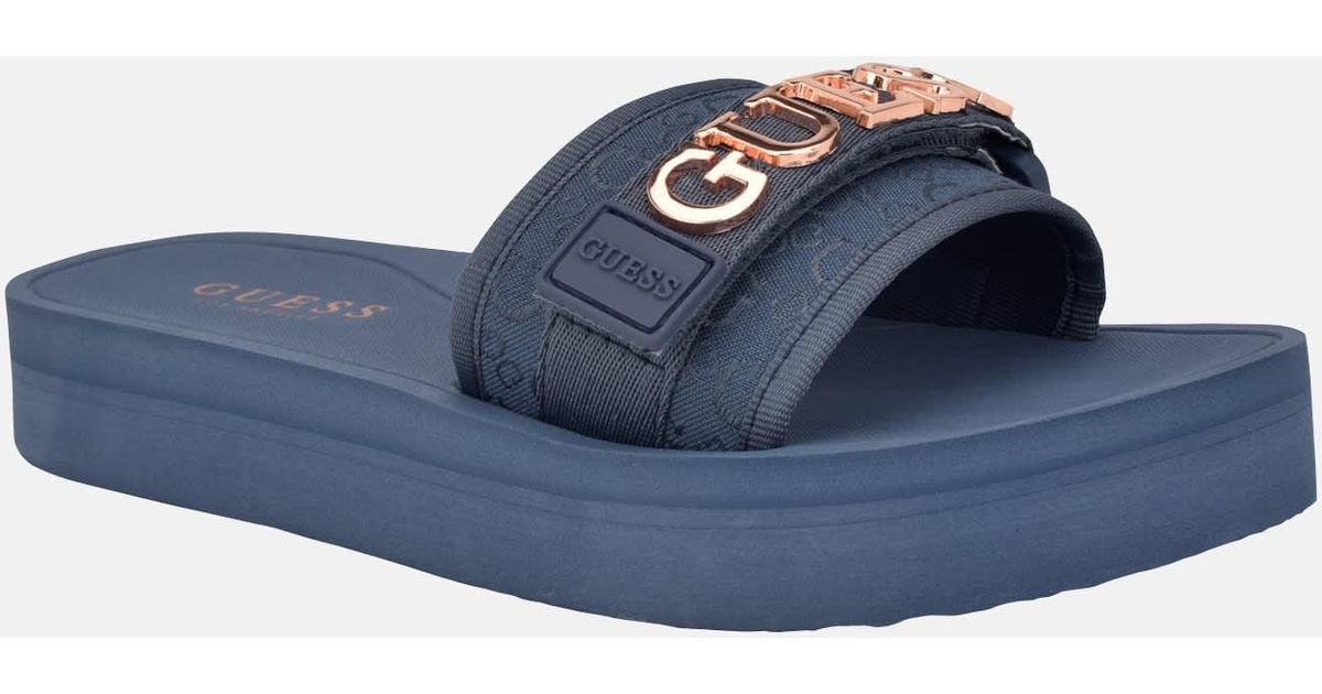 Guess Peers Logo Slide Sandals in Blue | Lyst