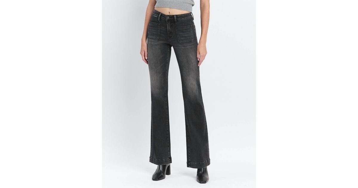 Flying Monkey High Rise Front Patch Pocket Flare Jeans in Black | Lyst