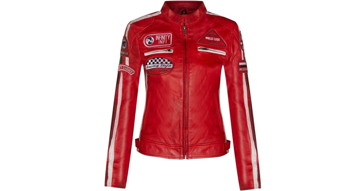 Infinity Leather Leather Biker Racing Badges Jacket-Agadir in Red | Lyst