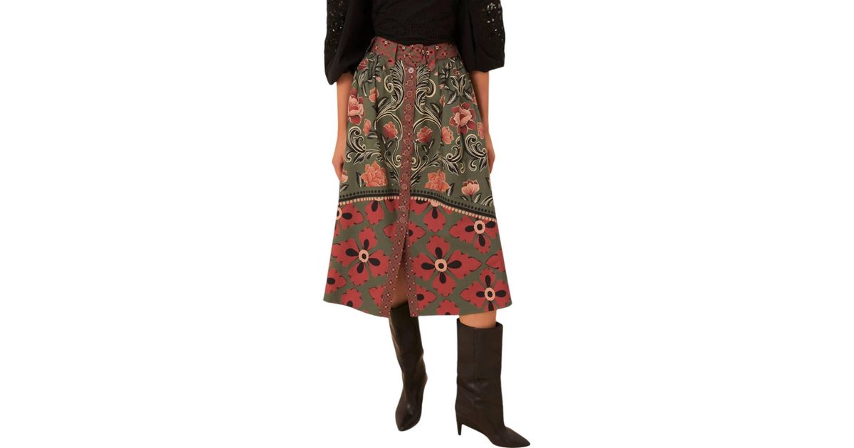 FARM Rio Buttons Midi Skirt in Red | Lyst