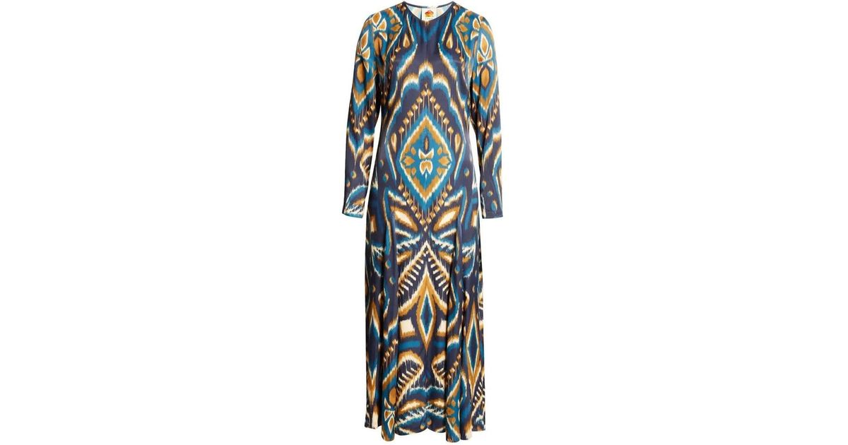FARM Rio Long Sleeve Satin Maxi Dress, Pineapple Ikat in Blue | Lyst