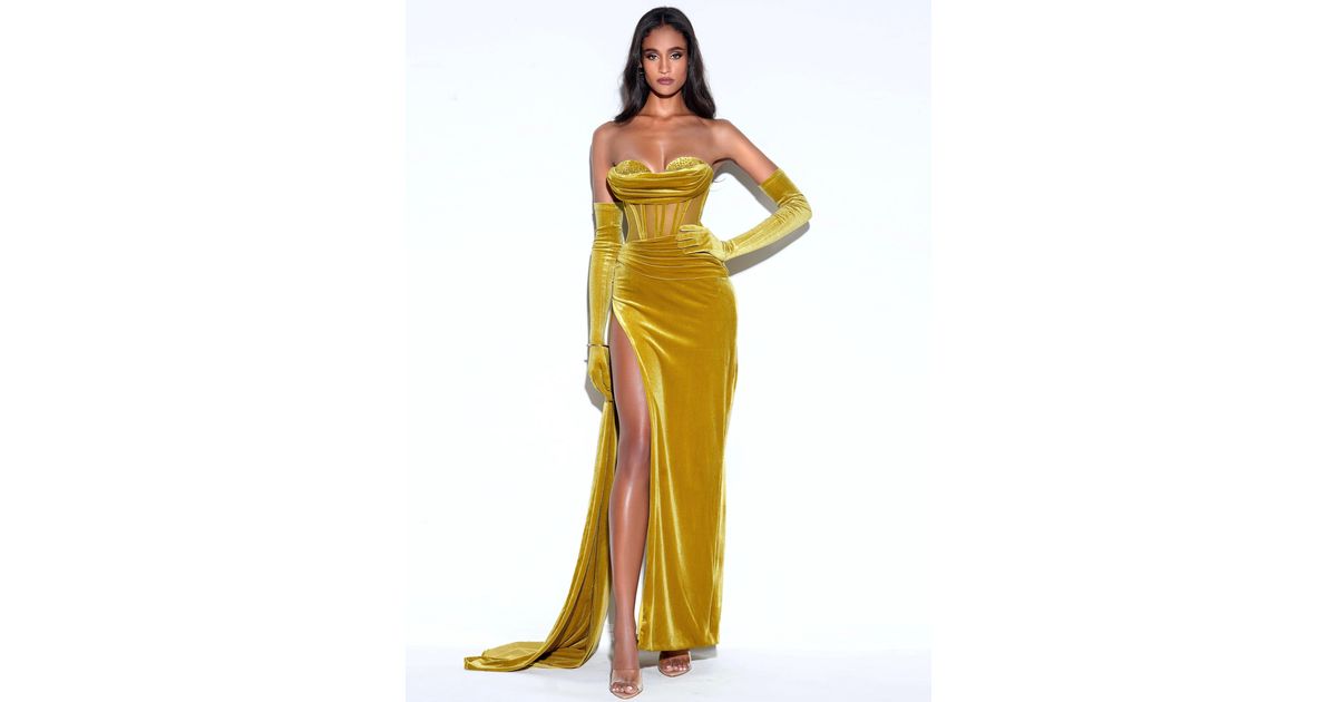Miss Circle Octavia Draping Crystal Corset High Slit Velvet Gown in ...