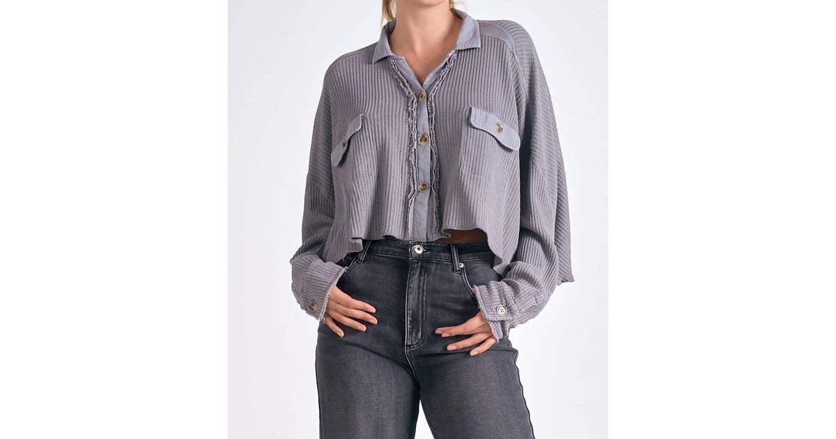 Elan Waffle Knit Cropped Shacket in Gray | Lyst
