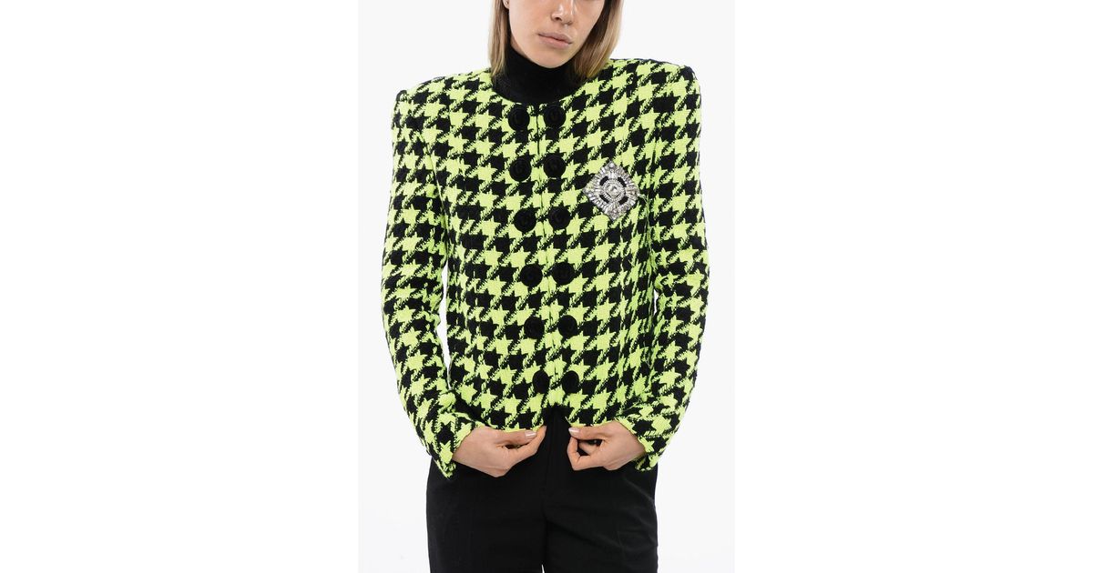 Balmain Neon Houndstooth Tweed Jacket With Velvet Buttons in Green | Lyst