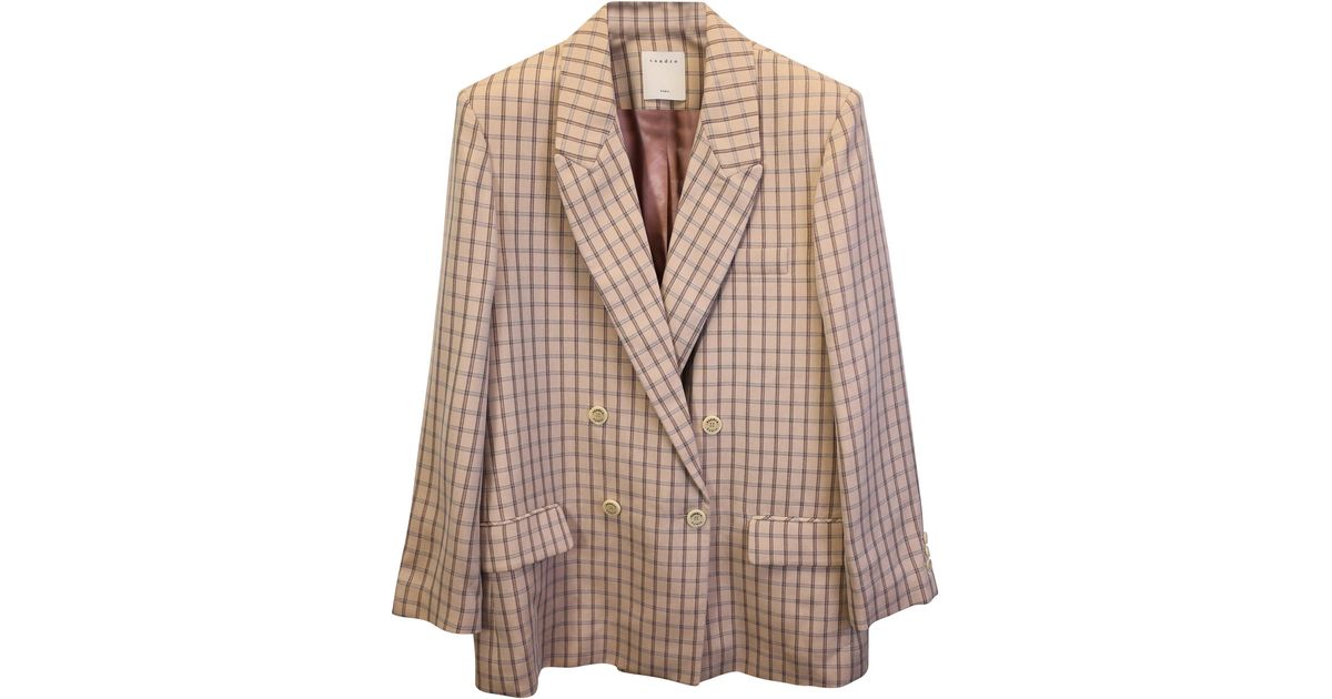 Sandro Double-Breasted Checked Wool Blazer in Brown | Lyst