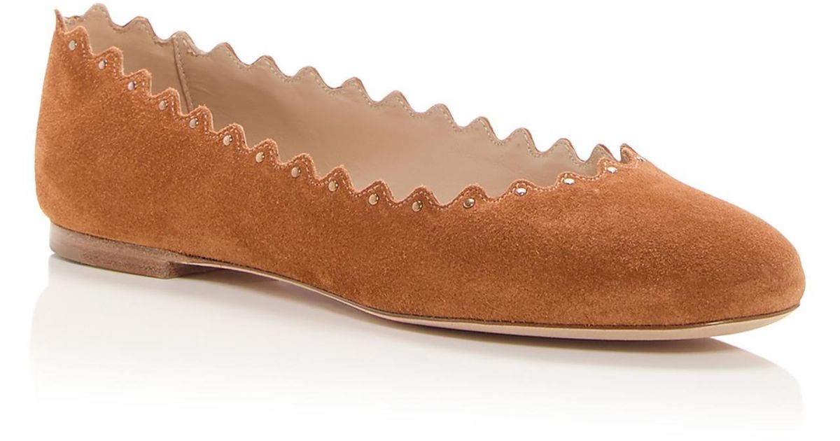 Chole Lauren Scalloped Leather Round Toe Ballet Flats in Brown | Lyst