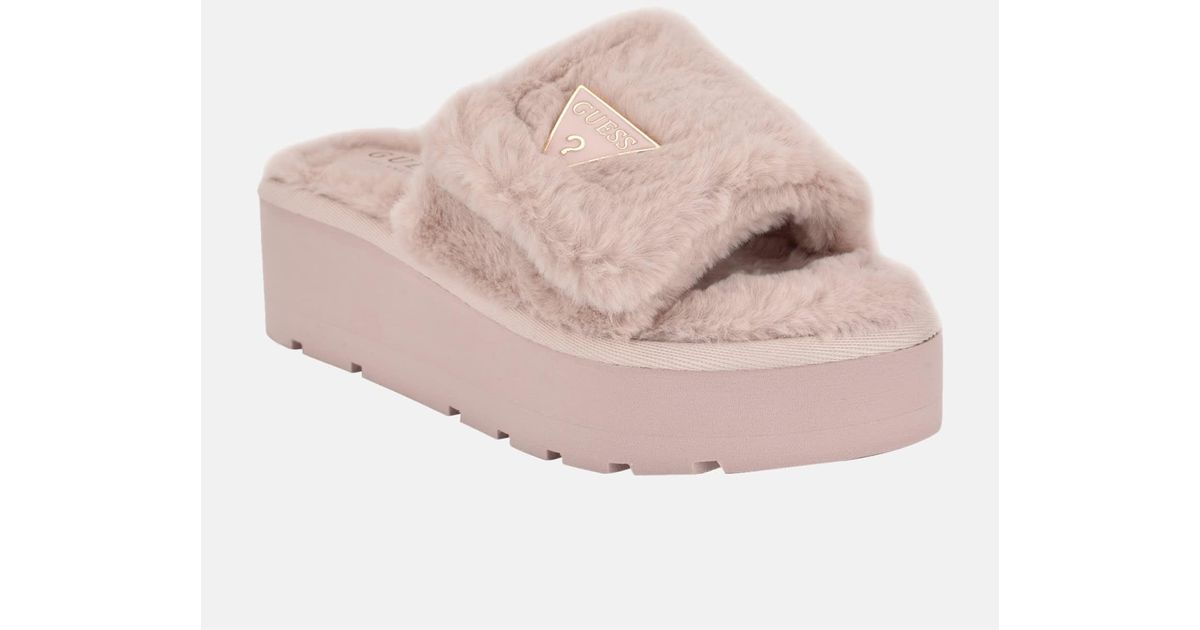 Guess Alista Faux-Fur Platform Slide Sandals in Pink | Lyst