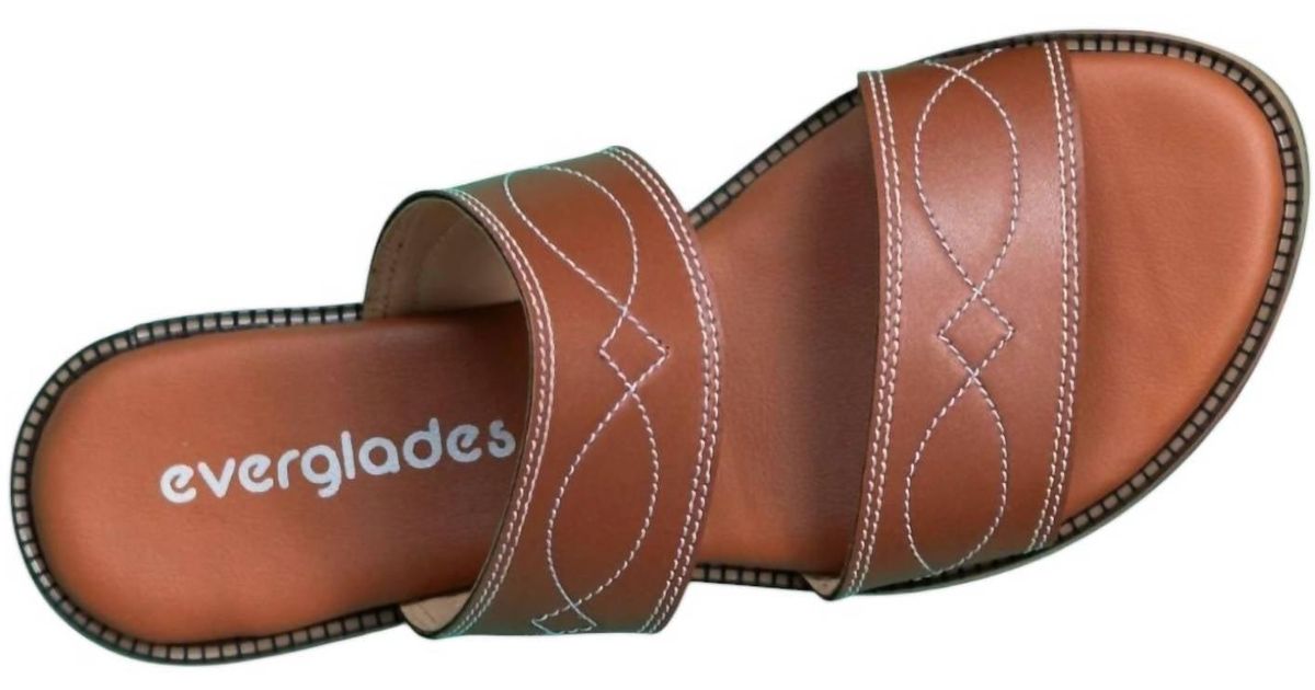Everglades Double Strap Western Boot Stitch Slide Sandals in Brown | Lyst