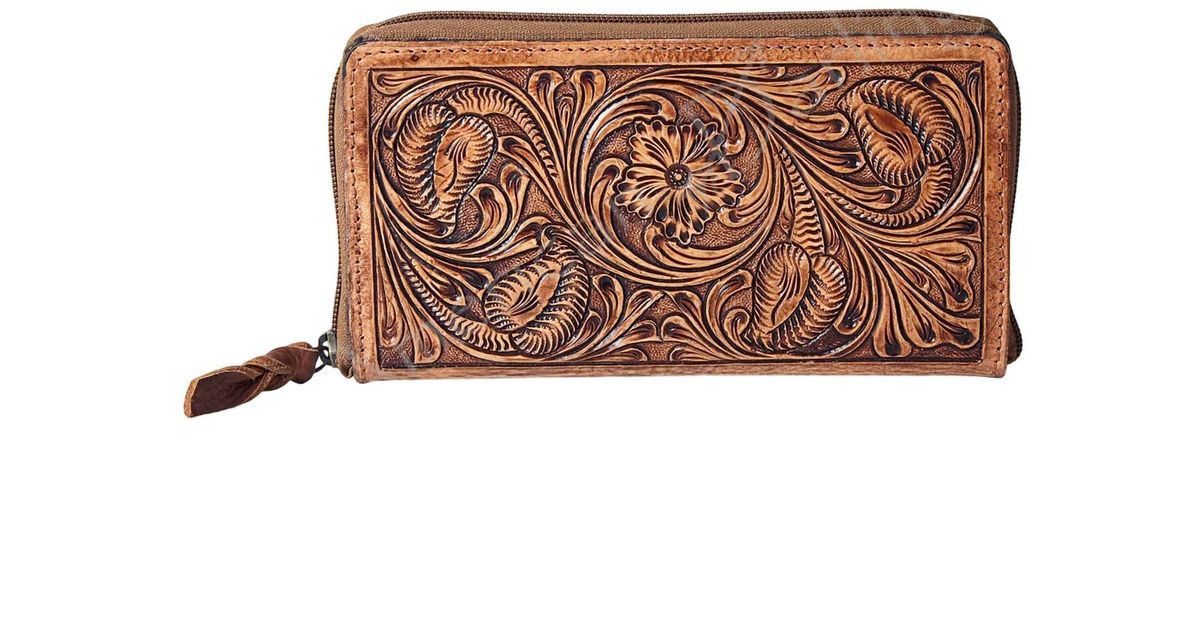 American Darling Ranchin' Dream Tooled Leather Zip Wallet in Brown | Lyst
