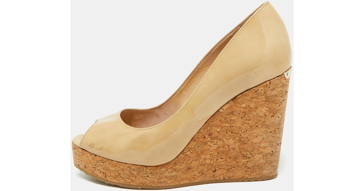 Jimmy Choo Patent Leather Parley Cork Platform Wedge Pumps in Natural ...