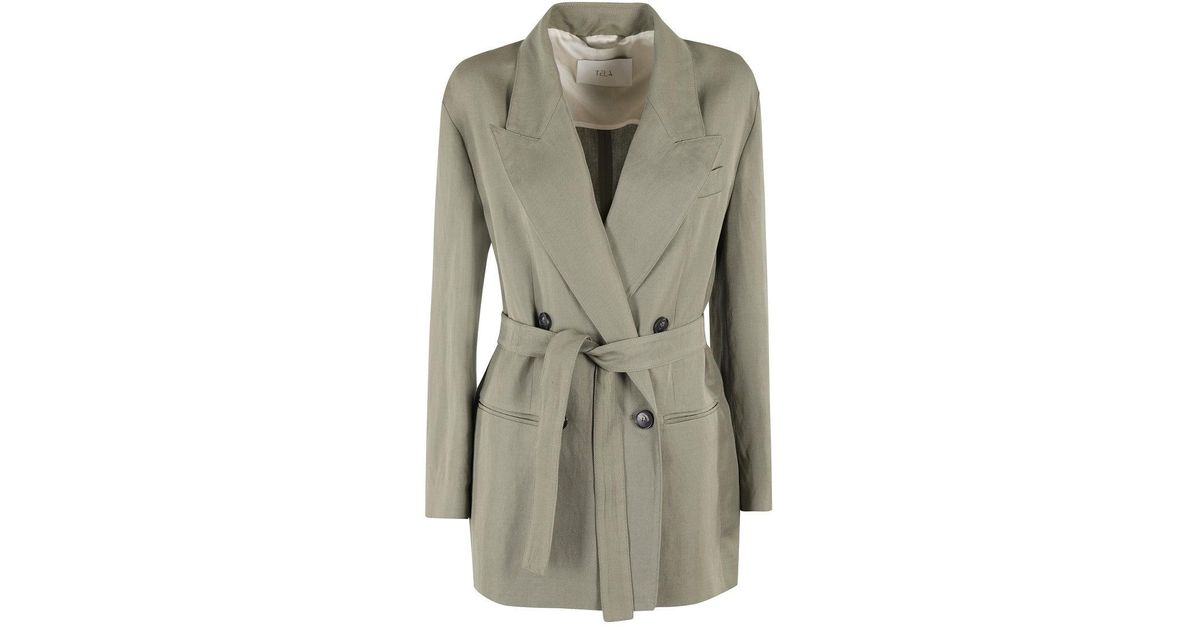 Tela Double-Breasted Linen Blend Blazer With Removable Waist Tie in ...