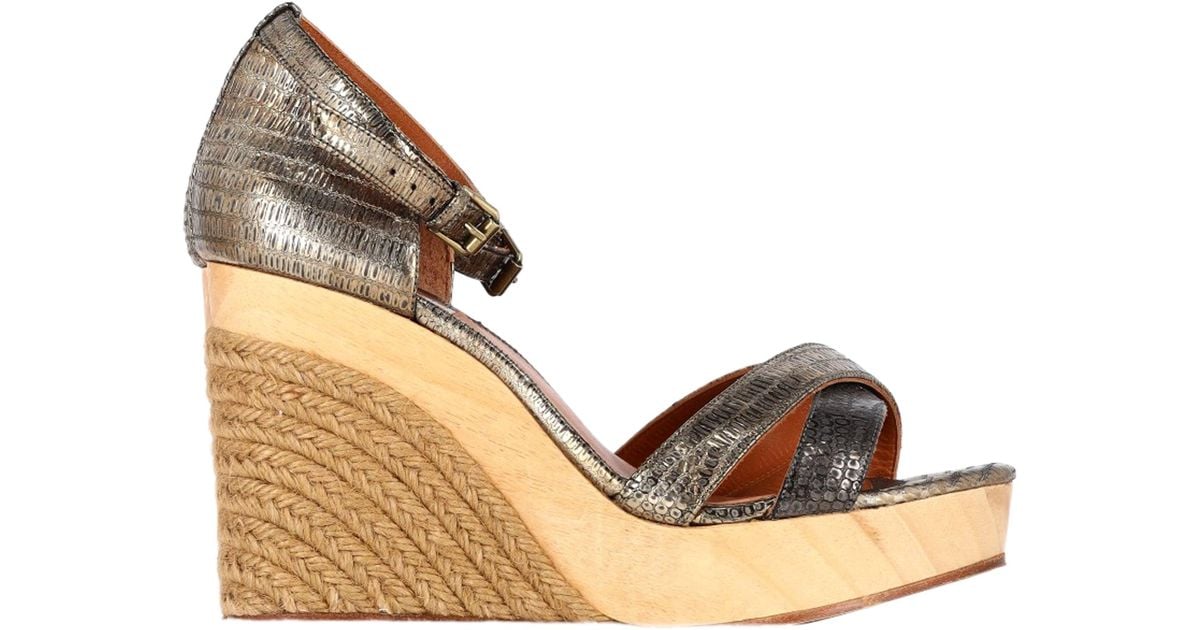Lanvin Snake-Embossed Espadrille Slingback Wedge Sandals in Metallic | Lyst