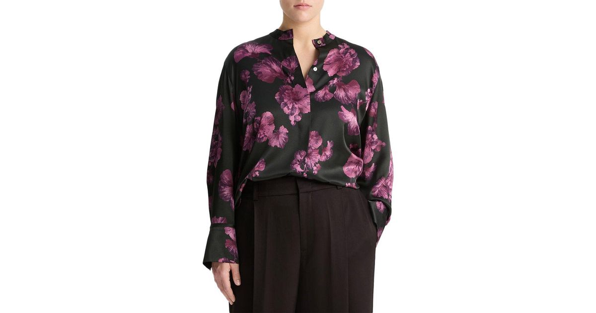 Vince Begonia Band Collar Silk Blouse in Black | Lyst