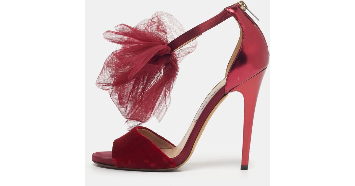 Jimmy Choo Metallic Velvet And Leather Ankle Strap Sandals in Red | Lyst