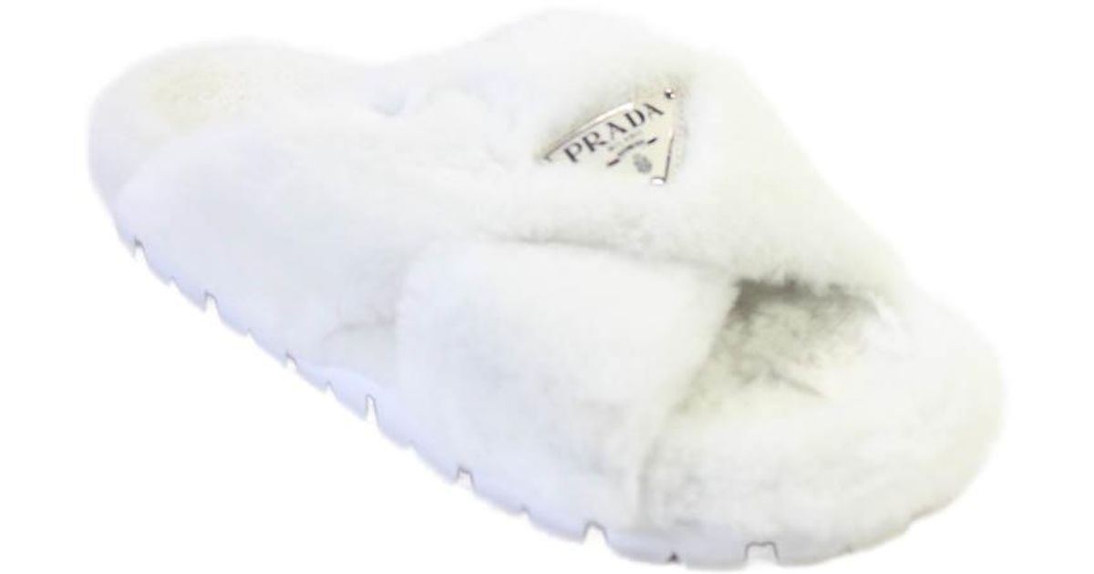 Prada Shearling Cross Strap Triangle Logo Slide Sandals in White | Lyst