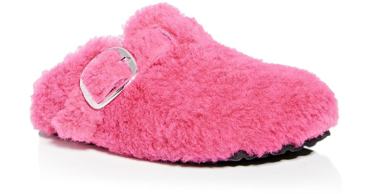 Birkenstock Boston Big Buckle Fuzzy Slip On Mules in Pink | Lyst