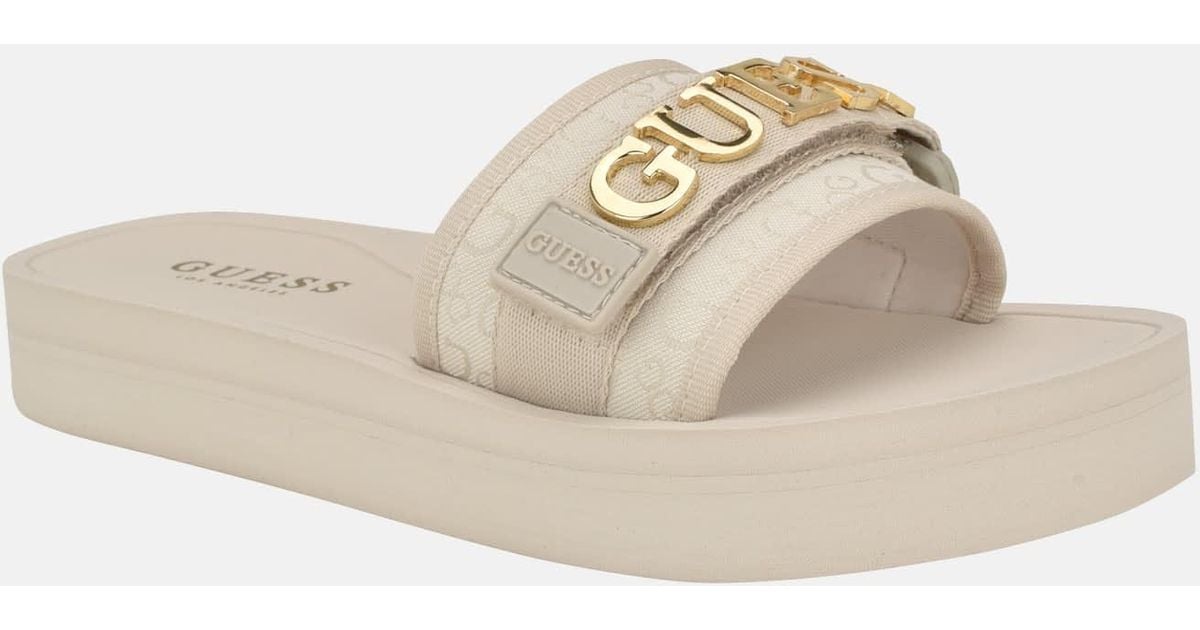 Guess Peers Logo Slide Sandals in Natural | Lyst