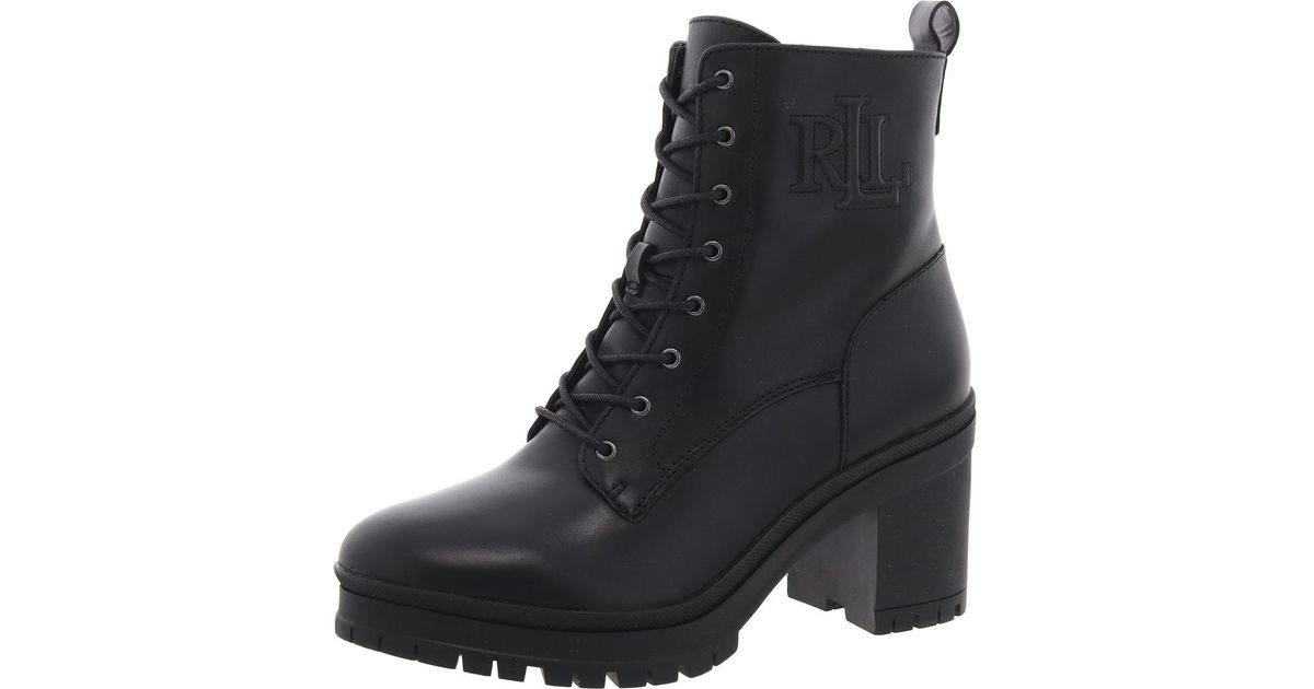 Ralph Lauren Cameron Block Heel Leather Combat & Lace-Up Boots in Black ...