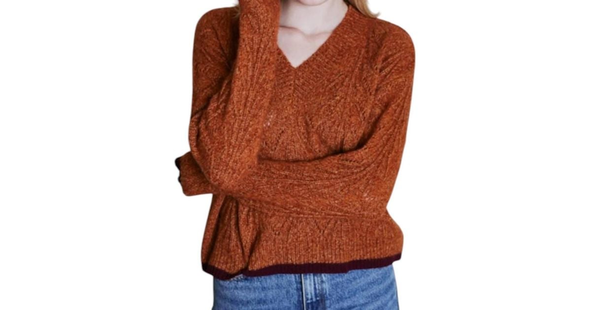 Autumn Cashmere Boxy Shell Stitch Tipped V-Neck Sweater in Brown | Lyst