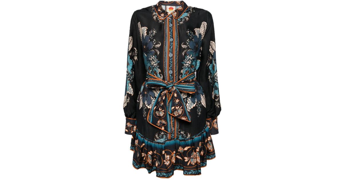 FARM Rio Long Sleeve Mini Dress, Blossom Tapestry in Black | Lyst