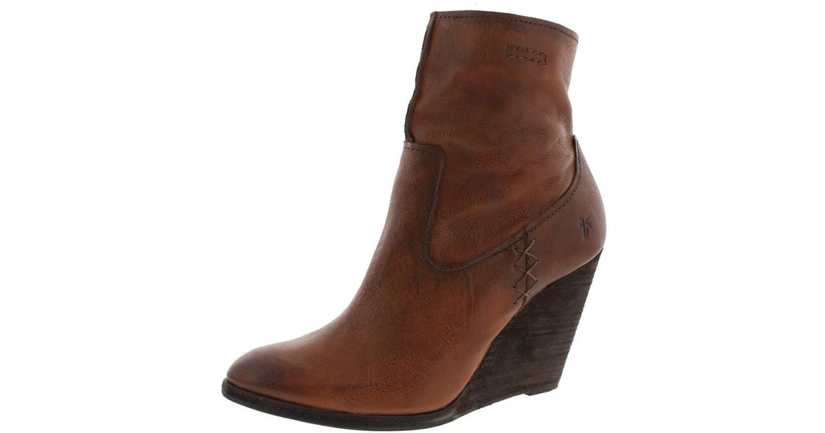 Frye Cece Artisan Short Leather Stacked Wedge Boots in Brown | Lyst