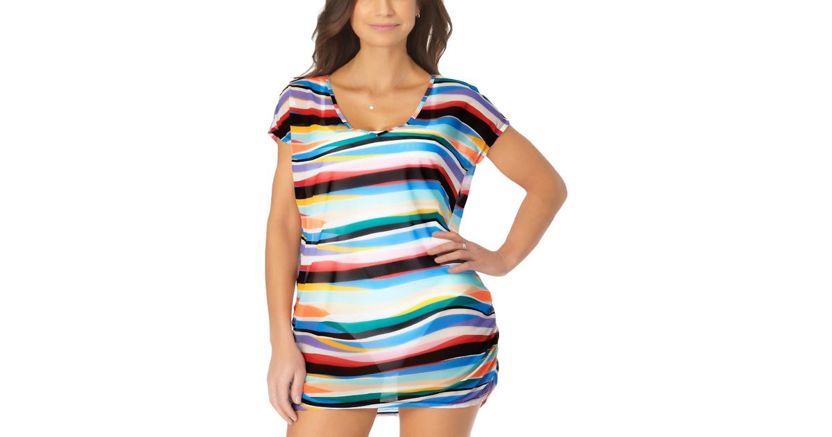 Anne Cole Plus Striped Sheer Caftan Swim Cover-Up in Blue | Lyst