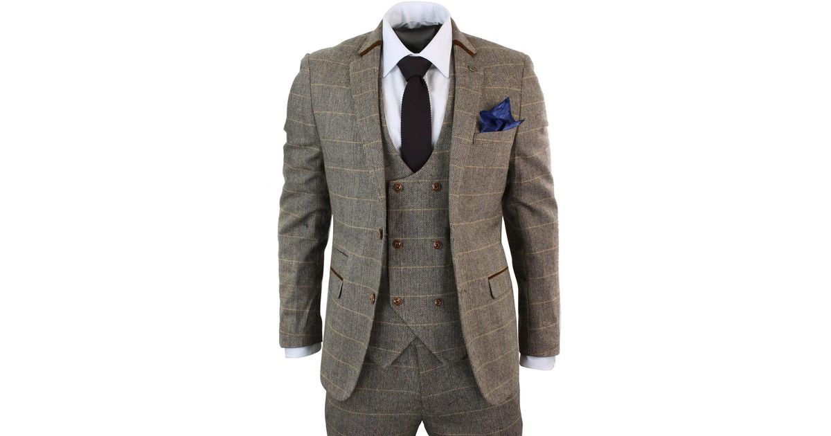 Oliver Tweed 3 Piece Tan Herringbone Tweed Check Suit in Gray for Men ...