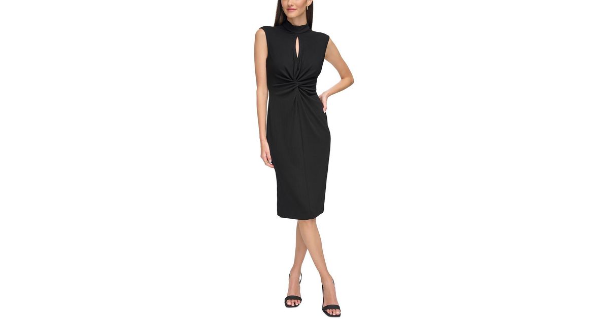 Calvin Klein Mock Neck Twisted Front Sheath Dress in Black | Lyst