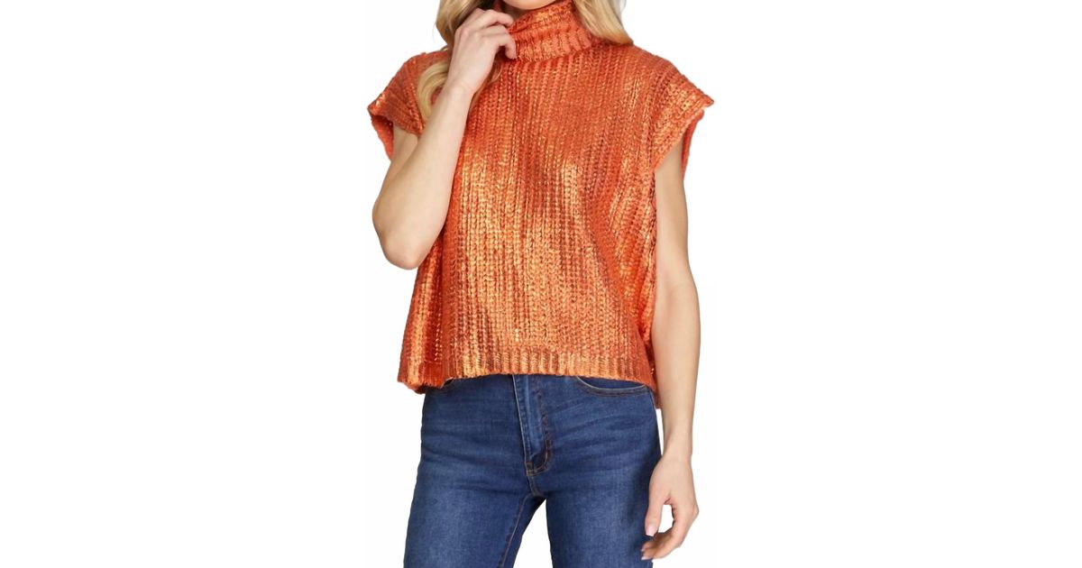 She + Sky Metallic Foil Sleeveless Turtleneck Sweater Top in Orange | Lyst