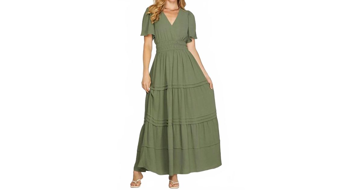 She + Sky Surplice Pintuck Tiered Maxi Dress in Green | Lyst