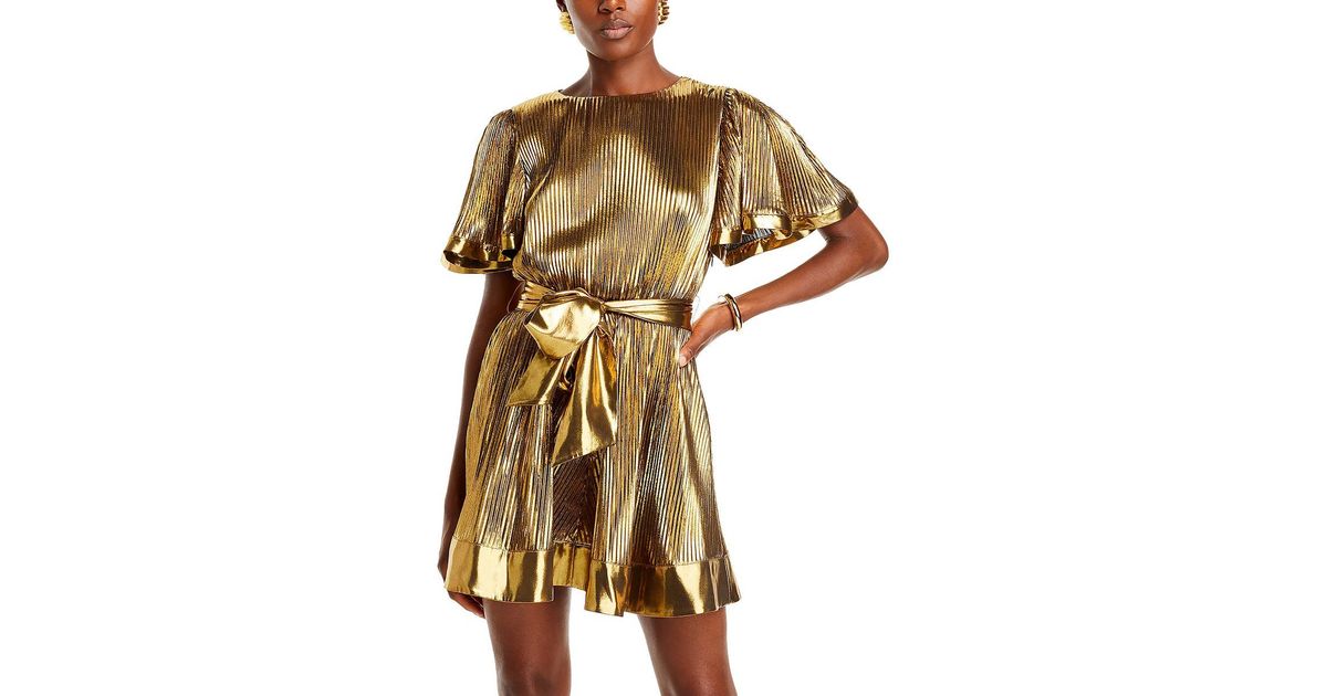 MILLY Pleated Metallic Mini Dress in Brown | Lyst